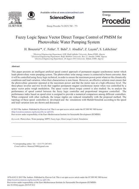 PDF Fuzzy Logic Space Vector Direct Torque Control Of PMSM For Photovoltaic Water Pumping System