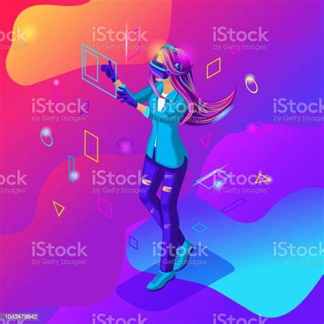 아이소메트릭 여자 가상 게임에서 재생입니다 청소년 세대 Z 가제트와 함께 있습니다 밝은 헤어 컬러 화려한 홀로그램 배경 만화에 대한 스톡 벡터 아트 및 기타 이미지 Istock