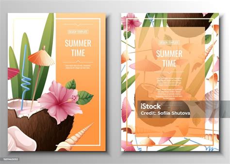 해변 코코넛 칵테일과 히비스커스 꽃이 있는 전단지 템플릿 세트 열대 휴가 여름 방학 배너 해변 음료가 있는 포스터 A4 크기 0