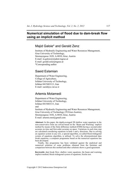 Pdf Numerical Simulation Of Flood Due To Dam Break Flow Using An Implicit Method