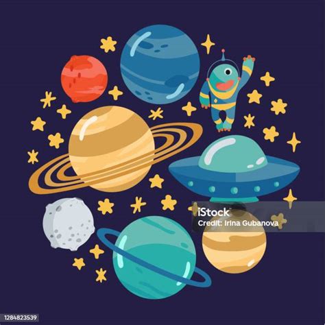행성 Ufo 만화 스타일의 외계인과 우주 어린이 포스터 키즈 프린트를 위한 귀여운 컨셉 디자인 키즈 룸 엽서 직물에 대한 일러스트 벡터 0명에 대한 스톡 벡터 아트 및 기타