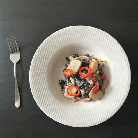 [homemade] Squid Ink Tagliolini Pickled Shallot White Miso Scallop Red Jalapeño R Food