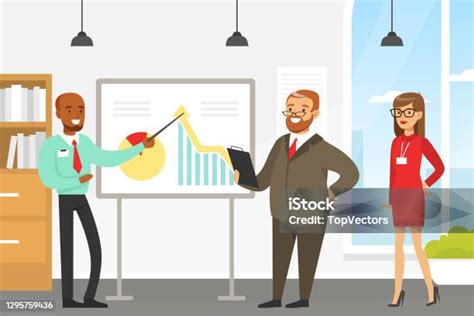 화이트보드 비즈니스 피플 또는 사무실 근로자 캐릭터에서 프레젠테이션 및 설명 차트를 만드는 사업가 기업가에 대한 스톡 벡터 아트