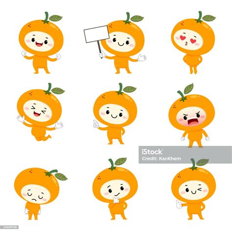 다양한 활동과 감정을 가진 귀여운 오렌지 만화 캐릭터의 세트 감정에 대한 스톡 벡터 아트 및 기타 이미지 감정 개체 그룹 건강한 식생활 Istock