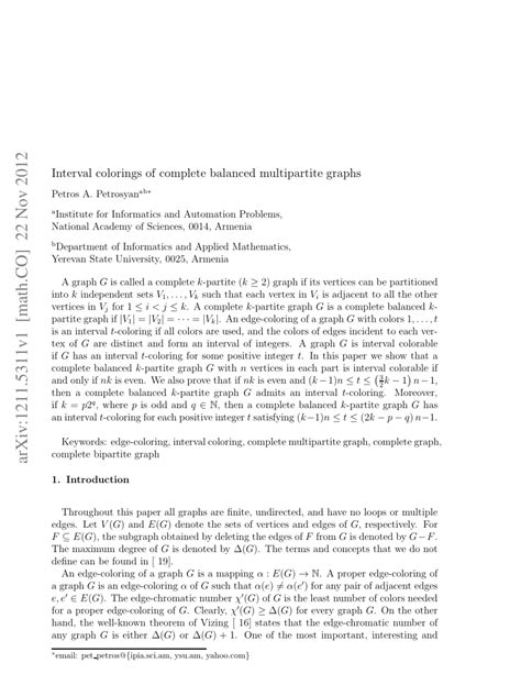 Pdf Interval Colorings Of Complete Balanced Multipartite Graphs Pdf Interval Colorings Of Complete Balanced Multipartite Graphs