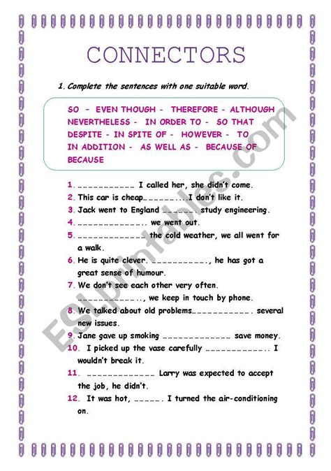 Connectors Esl Worksheet By Merichus