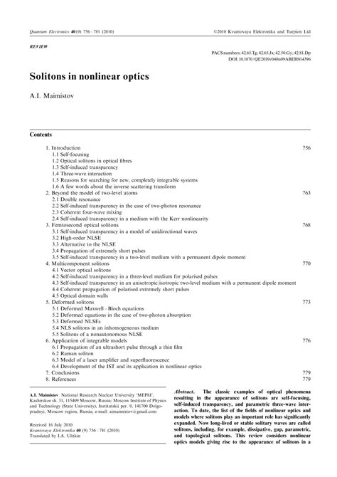 Pdf Solitons In Nonlinear Optics