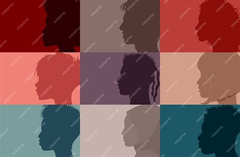 콜라주 커뮤니티 다양성 다문화 사람들 다양한 문화의 그룹 측면 실루엣 사람들 프리미엄 벡터