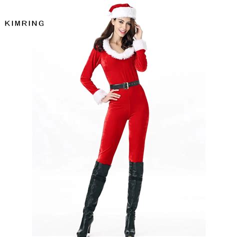 Kimring Women Christmas Costumes Sexy Red Santa Bodysuit Santa Claus