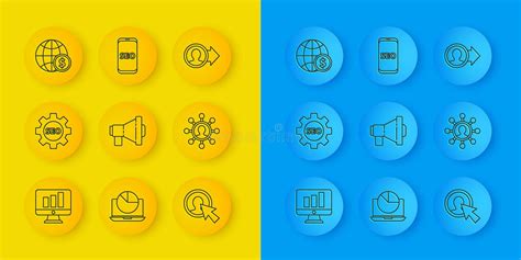 Set Line Monitor With Graph Chart Megaphone User Of Man In Business Suit Business Network And
