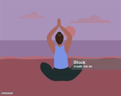요가 한 여성이 바다 바다에서 일몰에 호흡 연습에 종사하고 있습니다 자연에서 스포츠를 하는 캐릭터 자연 물에 대한 묵상 라이프 스타일 스포츠 건강 벡터 그림 요가에 대한