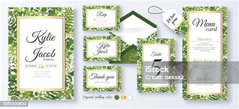 결혼식 초대장 메뉴 Rsvp 라벨 테이블 번호 봉투 꽃 무늬 녹색 수채화 고사리 잎 단풍 녹지 장식 프레임 프린트 벡터 우아한 귀여운 소박한 인사말 엽서 초대 0명에 대한