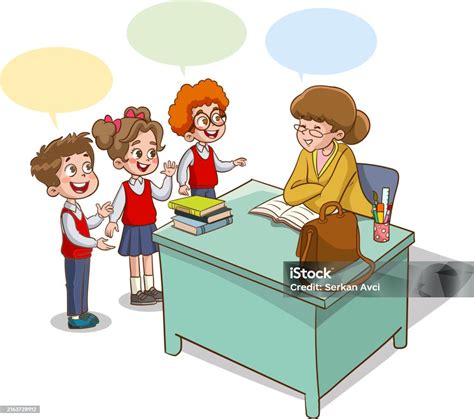학생과 교사가 있는 교실 교실 인테리어 선생님의 말을 듣고 있는 아이들 초등학생 교실에서 아이들과 교사와 함께 그림 교육 일러스트레이션 교사 교육 관련 직업에 대한 스톡
