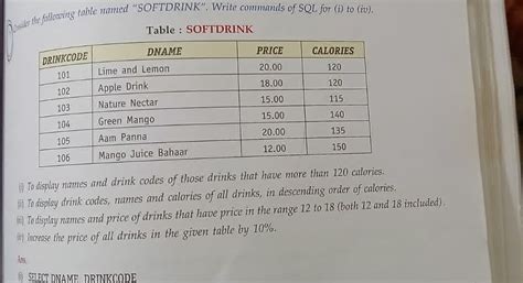 Consider The Following Table Named Softdrink Write Commands Of Sql For I To Iv Table