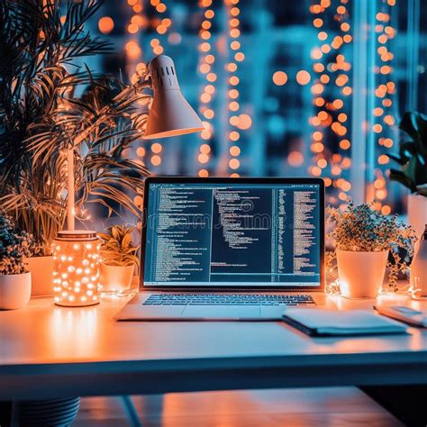 Cozy Workspace Featuring Glowing String Lights And A Laptop Displaying Code During A Nighttime