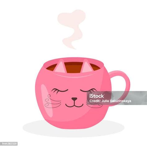 증기가 든 찻잔 고양이 모양의 분홍색 컵 흰색 배경에 격리된 귀여운 뜨거운 음료 0명에 대한 스톡 벡터 아트 및 기타 이미지 0명 겨울 계절 Istock