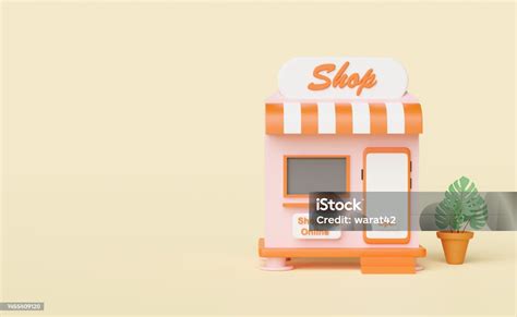 주황색 휴대 전화 또는 스마트 폰 분홍색 배경에 고립 된 나무로 상점 또는 상점 앞 스타트 업 프랜차이즈 사업 온라인 쇼핑 개념 3d 그림 또는 3d 렌더링 3차원 형태에