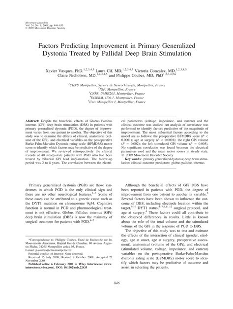 Pdf Factors Predicting Improvement In Primary Generalized Dystonia Treated By Pallidal Deep