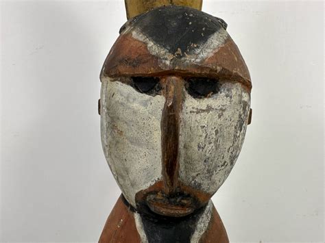 Large Ethnic Carved Wooden Statue Of Man With Bird On His Head 9w X 9d X 38h