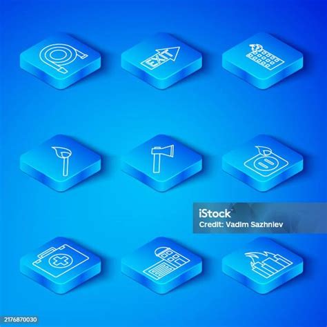 세트 라인 응급 처치 키트 소방관 도끼 소방서 건물 전기 배선 소켓 불타는 건물 불타는 성냥 호스 릴 및 건물 아이콘 벡터 3차원 형태에 대한 스톡 벡터 아트 및 기타