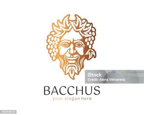 로고 Bacchus 또는 Dionysus 포도 열매와 나뭇잎이 있는 남자 얼굴 로고 와인 메이커 또는 양조업자를위한 스타일 바 및 레스토랑 간판 바쿠스에 대한 스톡 벡터