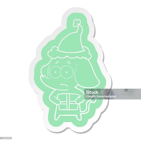 산타 모자를 착용 한 크리스마스 선물을 가진 확실 하지 않은 코끼리의 만화 스티커 가지 식물 부위에 대한 스톡 벡터 아트 및 기타 이미지 가지 식물 부위 귀여운