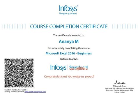 completed microsoft excel 2016 course by infosys springboard ananya m