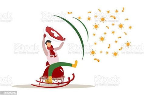 면역 체계 벡터 로고 아이콘 박테리아 건강 바이러스에 대한 보호 건강한 사람이 선물로 썰매를 타고 크리스마스와 새해를 기념하며 박테리아의 공격을 격퇴하는 방패를 들고