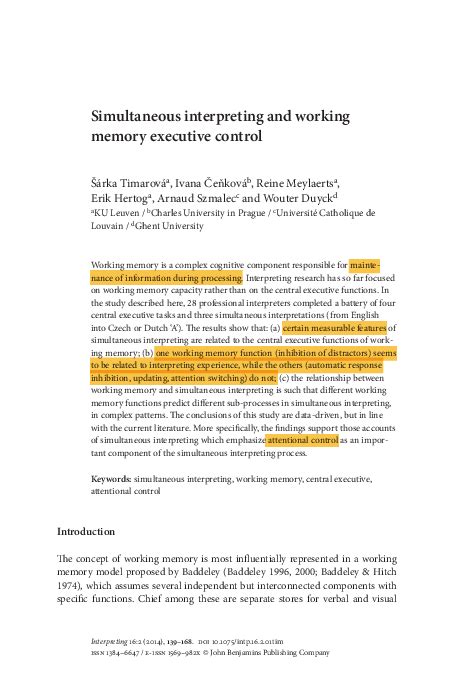 Pdf Simultaneous Interpreting And Working Memory Executive Control