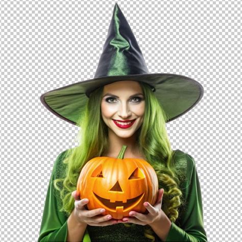 Green Witch With Pumpkin On Transperent Background Premium Ai Generated Psd
