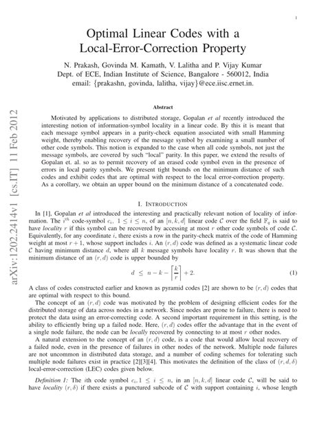 Pdf Optimal Linear Codes With A Local Error Correction Property