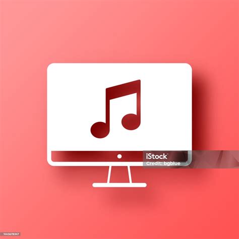 데스크톱 컴퓨터의 음악 그림자가 있는 빨간색 배경의 아이콘 3차원 형태에 대한 스톡 벡터 아트 및 기타 이미지 3차원 형태