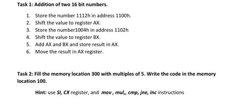 Solved Task 1 Addition Of Two 16 Bit Numbers 1 Store The