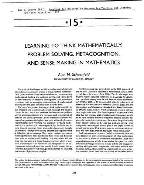 Pdf Learning To Think Mathematically Problem Solving Metacognition And Sense Making In