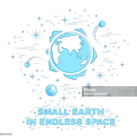 소행성 혜성 유성 별 및 다른 요소에 의해 포위 하는 끝 없는 공간에 작은 지구 우주 과학 테마입니다 얇은 선 3d 벡터 그림은 흰색 절연입니다 경외감에 대한 스톡 벡터