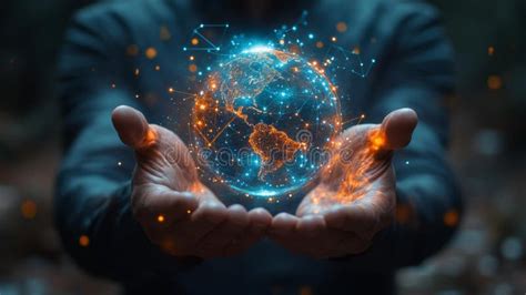 Hands Holding A Glowing Digital Globe With Network Connections Generative Ai Stock