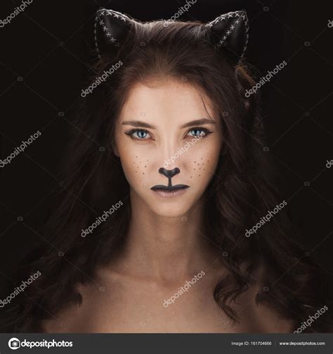 Images Cat Makeup Sexy Catwoman Female In Lingerie With Cat Makeup And Ears Stock Photo
