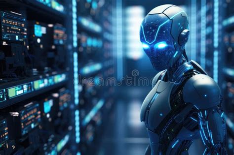 3d Rendering Humanoid Robot Working In Server Room With Circuit Board