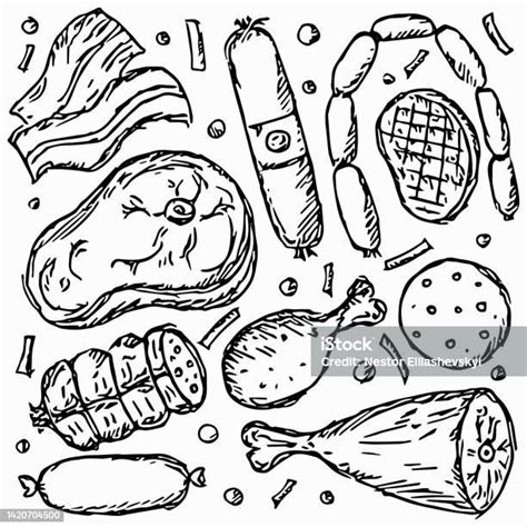 벡터 고기 아이콘입니다 육류 제품 아이콘이 있는 낙서 벡터 일러스트 레이 션 고기에 대한 스톡 벡터 아트 및 기타 이미지 고기 굽기 낙서 드로잉 Istock