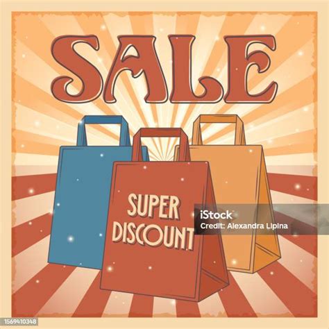 레트로 빈티지 세일 포스터 슈퍼 할인 쇼핑백이 있는 매장 마케팅을 위한 배너 가격에 대한 스톡 벡터 아트 및 기타 이미지 가격 광고 벡터 Istock
