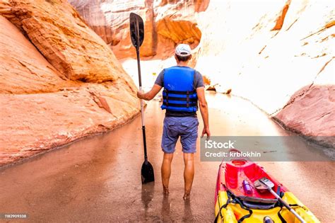 더러운 진흙 물과 암석에 서있는 노를 들고 있는 파월 호수의 좁고 얕은 영양 협곡의 카약 하이킹 트레일 카약 노 젓는 배에 대한 스톡 사진 및 기타 이미지 Istock