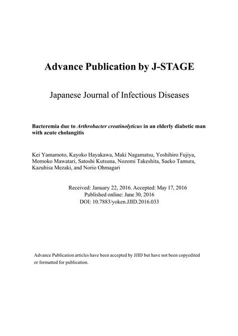 Pdf Bacteremia Due To Arthrobacter Creatinolyticus In An Elderly Diabetic Man With Acute