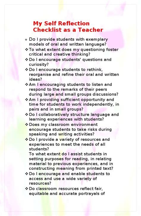 My Self Reflection Checklist As A Teacher Pdf Learning Critical Thinking