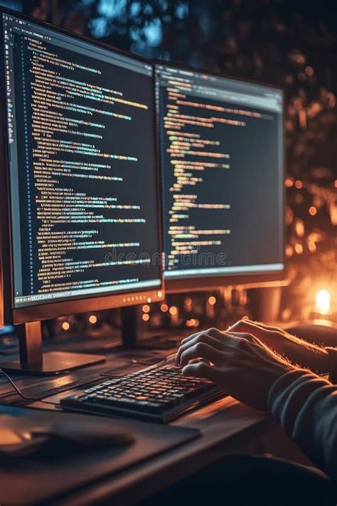 A Developer Types On A Keyboard Surrounded By Two Monitors Displaying