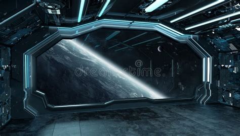 Dark Blue Spaceship Futuristic Interior With Window View On Planet Earth 3d Rendering Stock