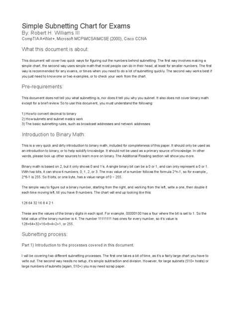Simple Subnetting Chart For Exams By Robert H Williams Iii What This Document Is About