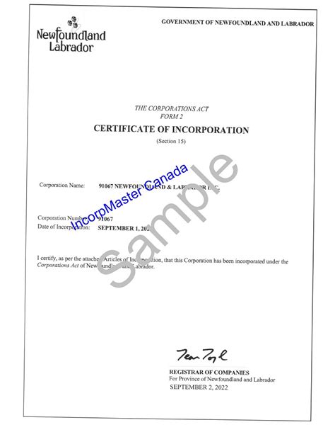 Sample Articles Of Incorporation Lending Company Canada At Marjorie
