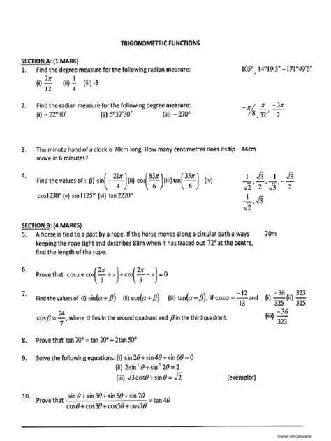 Cbse Class 11 Mathematics Worksheet Trigonometric Functions Pdf