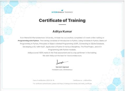 Completed Programming With Python Course At Internshala Aditya Pandey