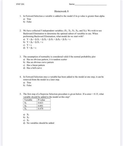 Solved Stat 331 Name Homework 8 1 In Forward Sclection A